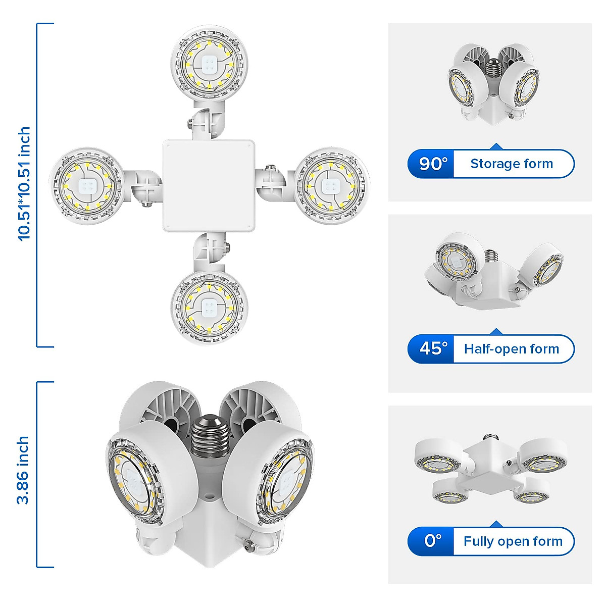 SANSI LED Garage Light, 30W (240W Equivalent) LED Shop Light 3000lm, 5000K Daylight E26 Deformable LED Garage Ceiling Light with 4 Adjustable Panels for Garage, Workshop, Basement, 5 Years Warranty