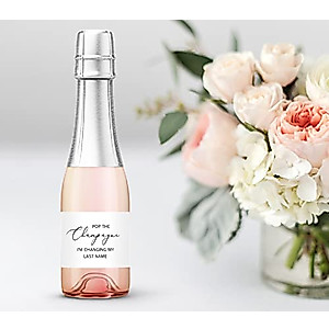 POP the Champagne I’m Changing My Last Name Labels ● SET of 12 ● Bachelorette Party Bridal Shower Bride Squad Mini Champagne Bottle Labels Wine Label Alternative to cards shirts (Minimalist)