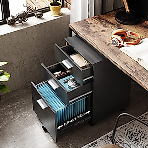 DEVAISE 3 Drawer Wood Mobile File Cabinet, Rolling Filing Cabinet for Letter/A4 Size, Black