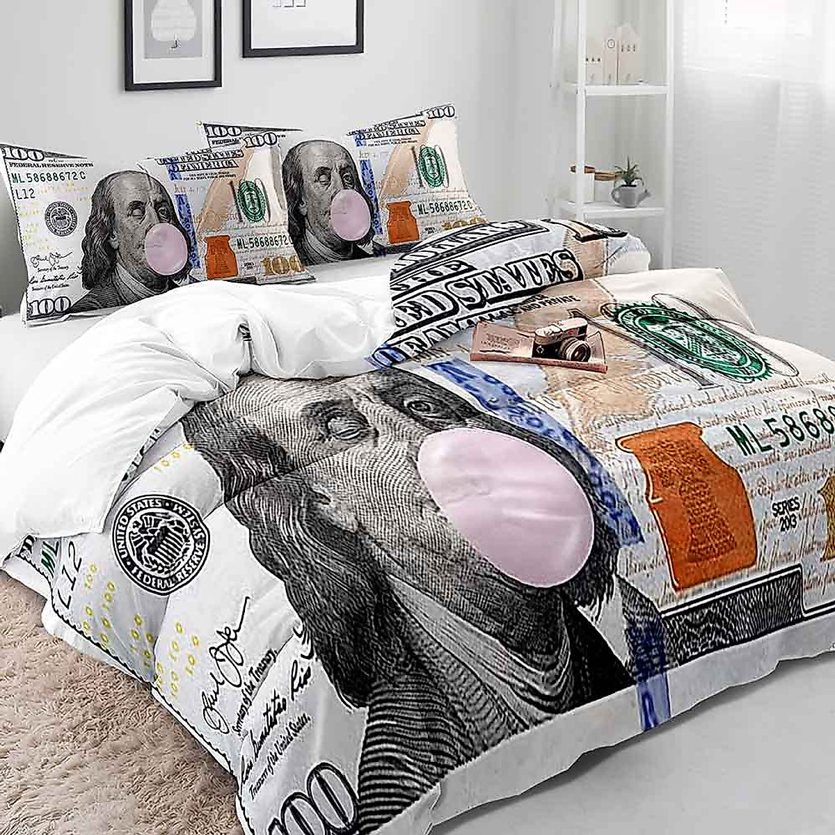 VIVIHOME 3PCS Luxury Funny Money Duvet Cover Full, Cute Benjamin Franklin Wink Pink Bubble Gum One Hundred Dollar Bill Cash 100 Dollar Bill Comforter Bedspread Quilt Cover, Gag Gifts, 2 Pillow Shams