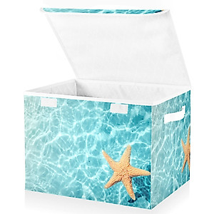 RunningBear Starfish Summer Beach Large Storage Bins with Lid Collapsible Storage Bin Cube Storage Bin Fabric Storage for Boys Girls Toys