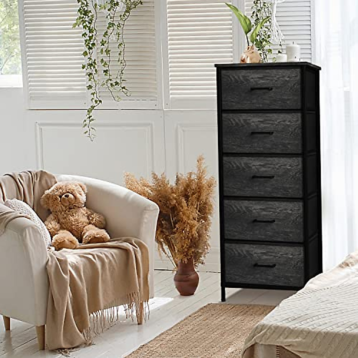 Sorbus Tall Fabric Storage Dresser - Stand Up Tower of 5 Drawers with Steel Frame, Wood Top, & Faux Wood Fabric - Great for Bedroom, Dorm, Closet, Living Room, Entryway - Narrow Nightstand Organizer