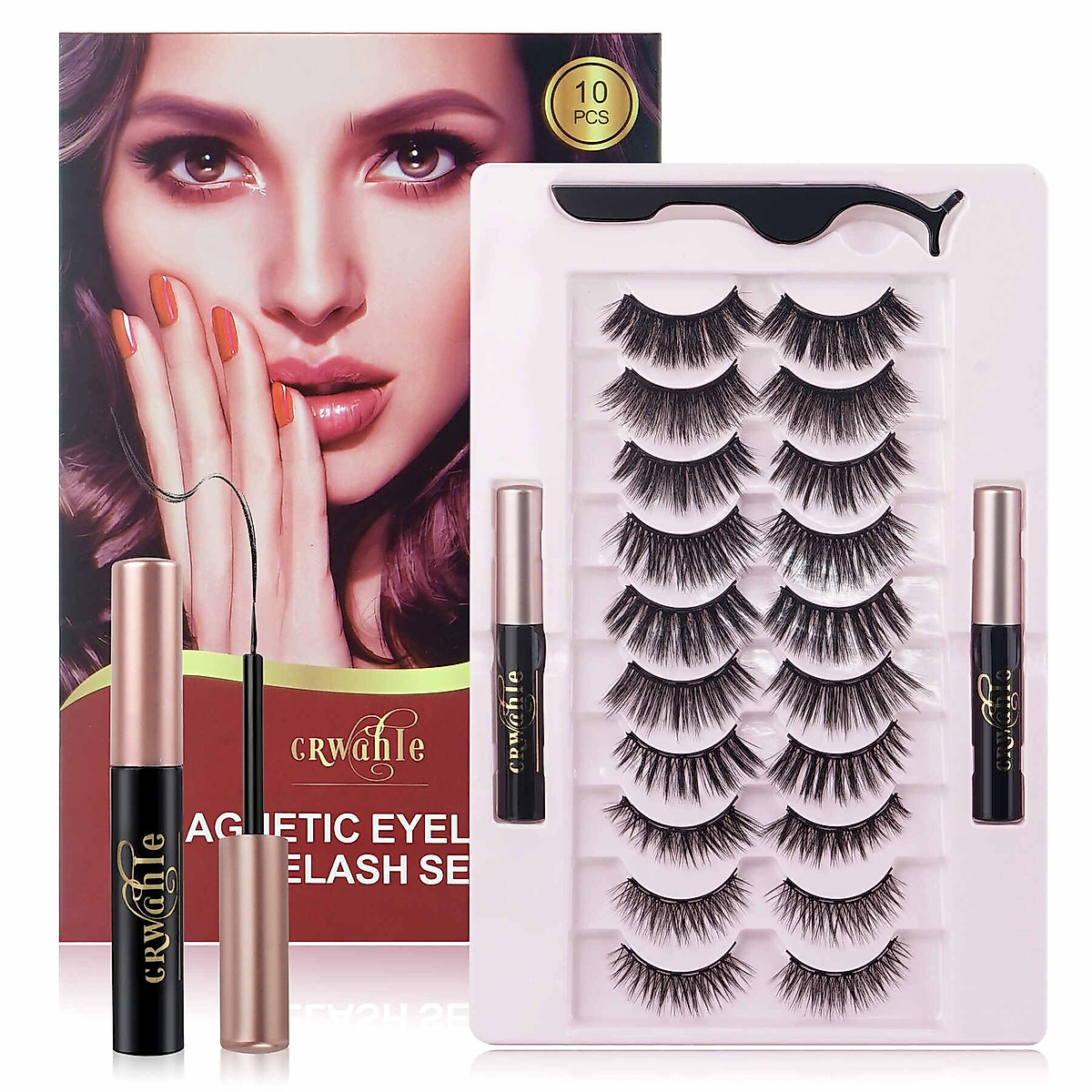 Magnetic Eyelashes Kit ， Crwahie 10 Pair Magnetic Lashes with Eyeliner & Tool, 3D Long Lasting Magnetic Eyelashes Natural Look Reusable Sweatproof False Eyelashes, Easy to Wear, No Glue Needed