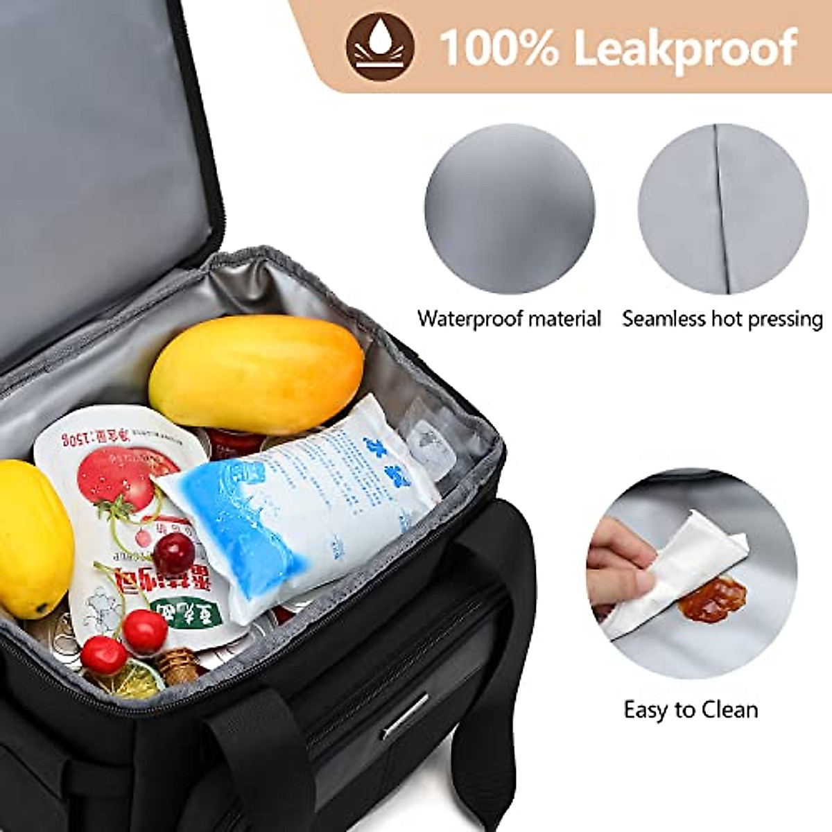 BAVERGE Lunch Box for Men Women, Insulated Loncheras Para Mujer Hombres, Large Portable Collapsible Adult Work Food Cooler, Expandable Heavy Duty Leakproof Tactical Lunch Bag Black