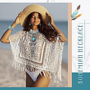 4 Pieces Boho Turquoise Jewelry Set Includes Boho Statement Necklace Body Chains Alloy Oval Resin Drop Dangle Earrings Adjustable Heart Compressed Turquoise Bracelet Turquoise Statement Ring for Women