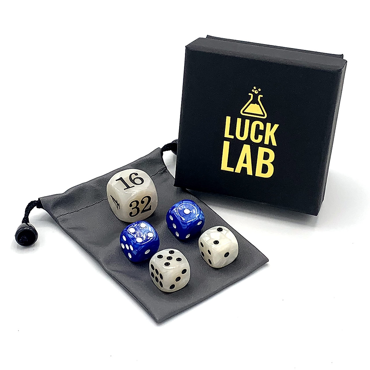 Luck Lab Backgammon Pearl Dice Set - 22 mm Doubling Cube Plus Four 16 mm Dice with Bonus Bag, Blue/White Marbelized