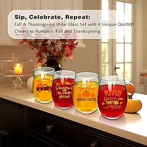 CNVOILA Fall Wine Glass Set: Stemless Drinking Glasses & Cups for Thanksgiving, Autumm Halloween Decor & Decorations, Pumpkin Mugs Cuos Perfect Fall Gifts 4pc