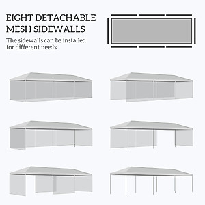 Outsunny 10' x 28' Party Tent Canopy, Outdoor Event Shelter Gazebo with 8 Removable Mesh Sidewalls, Zipper Doors, Steel Frame, White
