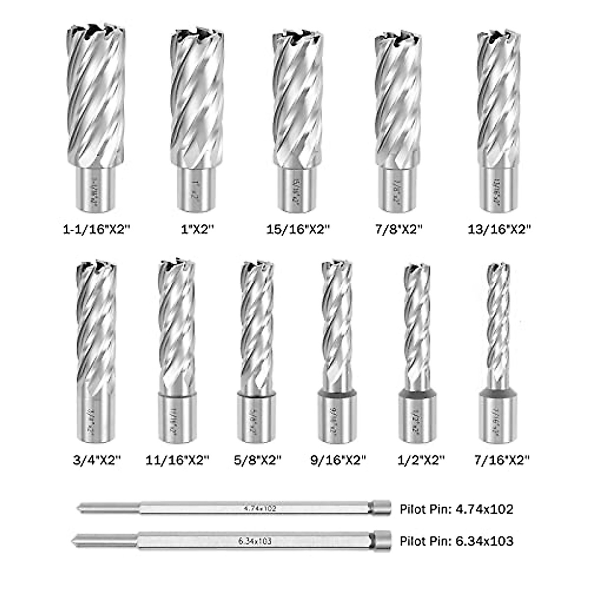 WICHEMI Annular Cutter Set 3/4 Inch Weldon Shank 2 Cutting Depth and Cutting Diameter from 7/16 to 1-1/16 for Magnetic Drill Press HSS Standard Kit Two Flat with 2 Pilot Pins