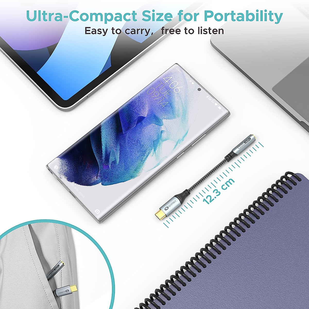 Warrky USB C to 3.5mm Audio Headphone Adapter【Flawless 24bit Hi-Res Sound Quality】 Type-C to Headphone Jack Compatible with Samsung Galaxy S22/S21/S20 Plus, Pixel 6/5/4, iPad Pro, Motorola, OnePlus