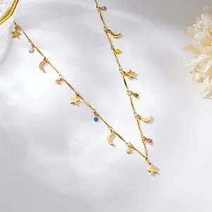 YADUDA Gold Moon and Star Sun Necklace Non Tarnish 18k Gold Plated Dainty Gold Necklace Colorful Charm Gold Choker Necklaces for Women Preppy Necklace