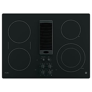 GE PP9830DJBB Profile Series Electric Cooktop with 4 Burners and 3-Speed Downdraft Exhaust System, 30", Black