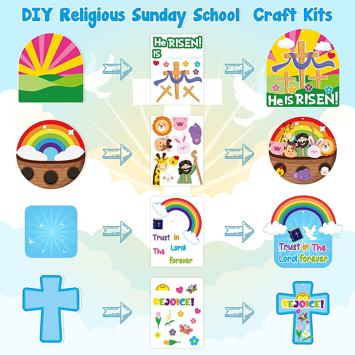 Haooryx 66PCS Christian Sunday School Craft Kit He Is Risen Hanging Ornament and Sticker Set Armor of God Crosses DIY Paper Ornament VBS Religious Sunday School Activities for Kids