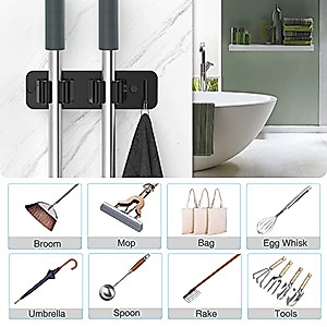 Mop Broom Holder Wall Mounted SUS304 Stainless Steel, HOMEASY Mop Broom Organizer with 2 Installation Methods (No Drilling & Screw Drilling Installation 2 In 1), Mop Hanger Heavy Duty with Hooks, 2PCS