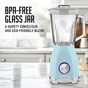 OVENTE Countertop Kitchen Blender with 550 Watts, Stainless Steel Blades, 4 Speed Settings, 50oz Glass Jar for Shakes, Smoothies, Purees, Crushed Ice, Frozen Drinks, Sauces, & More, Blue BLH2604LBL