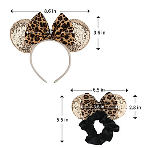 1 Pcs Mouse Ears Headband and 1 Pcs Mouse Ears Scrunchies with Bow Hairs Accessories for Girls Women Boys Birthday Party (Leopard)