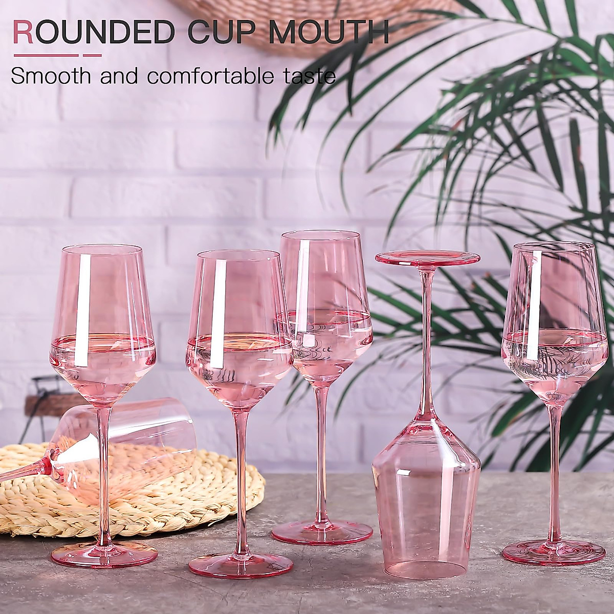 Pink Crystal Wine Glass Set of 6 - Hand-Blown Long Stem Wine Glasses, Unique Wine Glasses Gift For Wine Lovers, Dinner, Party, Wedding