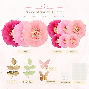 Fonder Mols Tissue Paper Flowers Tissue Pom Poms Blooms Pink for Girl Baby Shower, Nursery Decor, Birthday Decorations (Set of 21, Rose Pink)