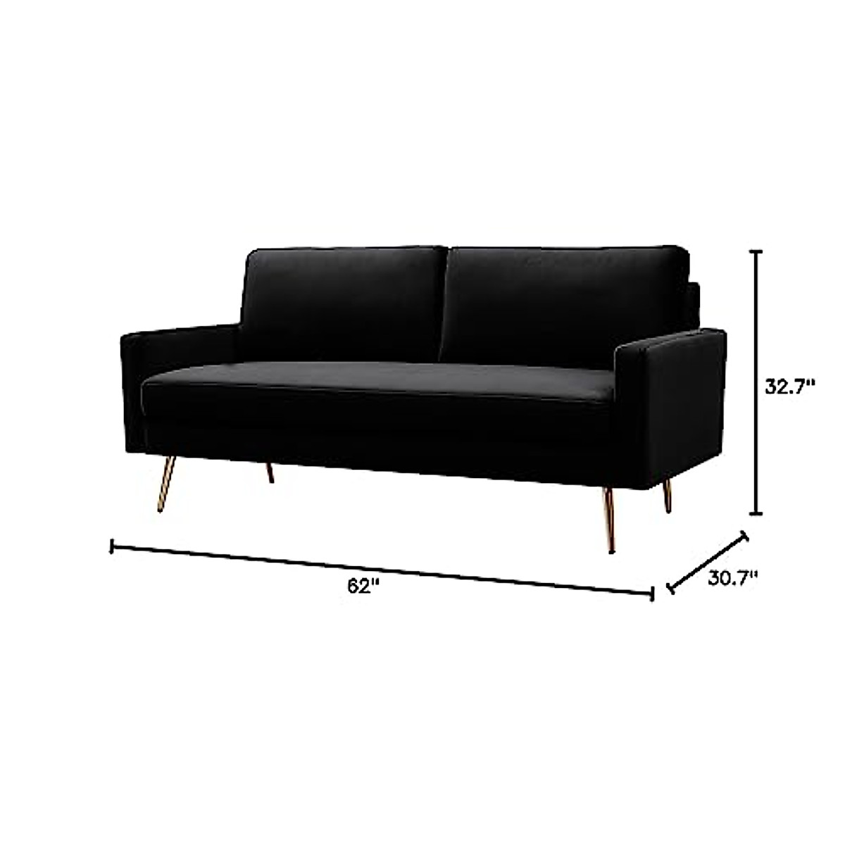 QYSMT 62inch Velvet Square Arm Loveseat，Velvet Cover Modern Design Couch,with Gold-Finished Metal Legs, with 500 LB Load, 62'' x 30.7'' x 32.7''Tools-Free Assemble (Black) (LHSC18)