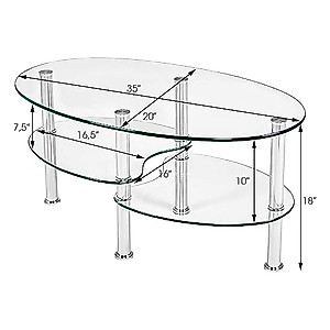 Glass Coffee Table, 3-Tier Oval-Shaped Glass Tea Table Modern Smooth Tea Table w/Spacious Glass Desk-Top Boards & Sturdy Chrome Plated Legs Home Office Reception