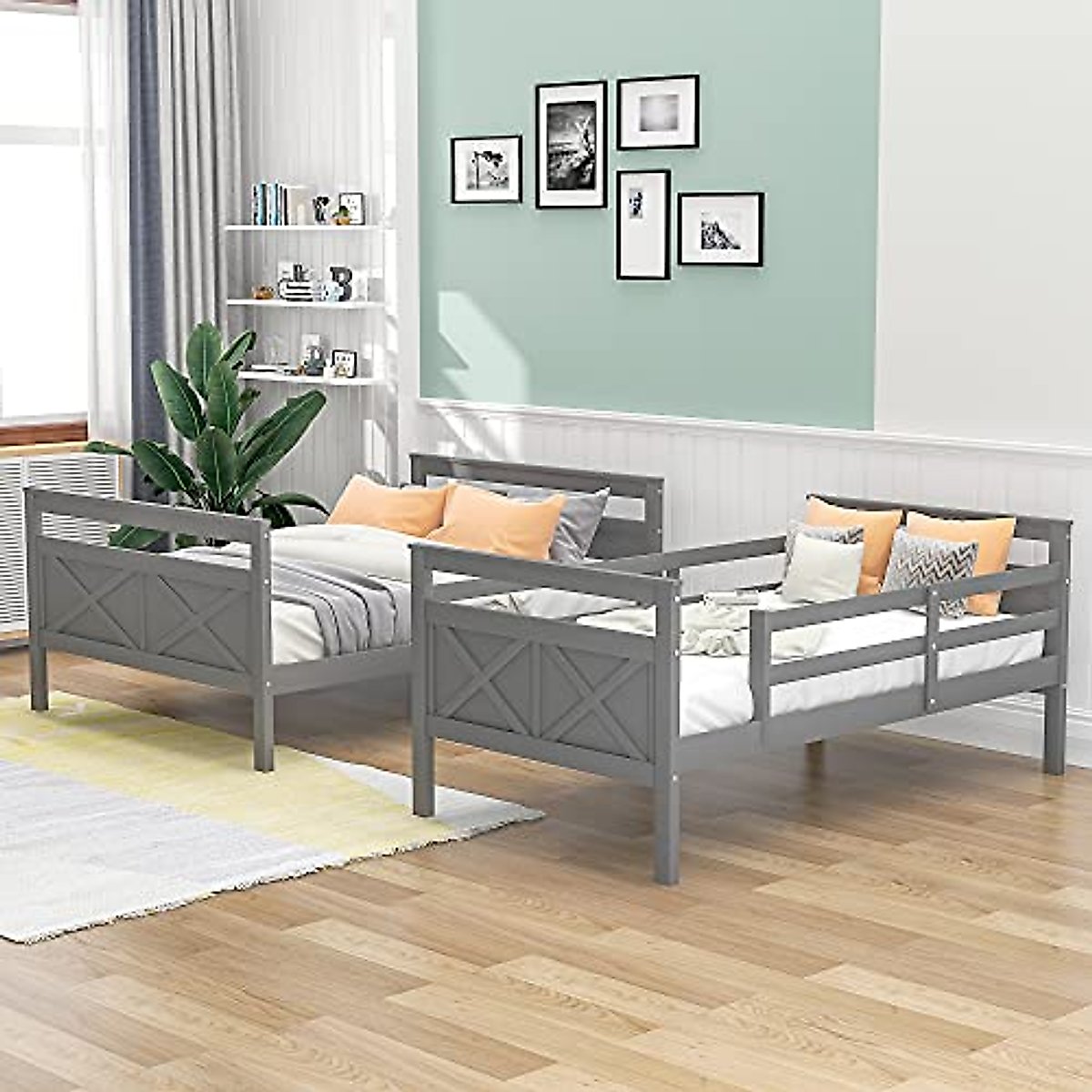 Ochangqi Twin Over Full Bunk Bed Frame with Ladder, Solid Wood Bunk Beds Loft Bed Frame Twin Over Full Size with Guardrail, Can Be Separated Into Twin/Full Size Bed, No Box Spring Needed (Gray)