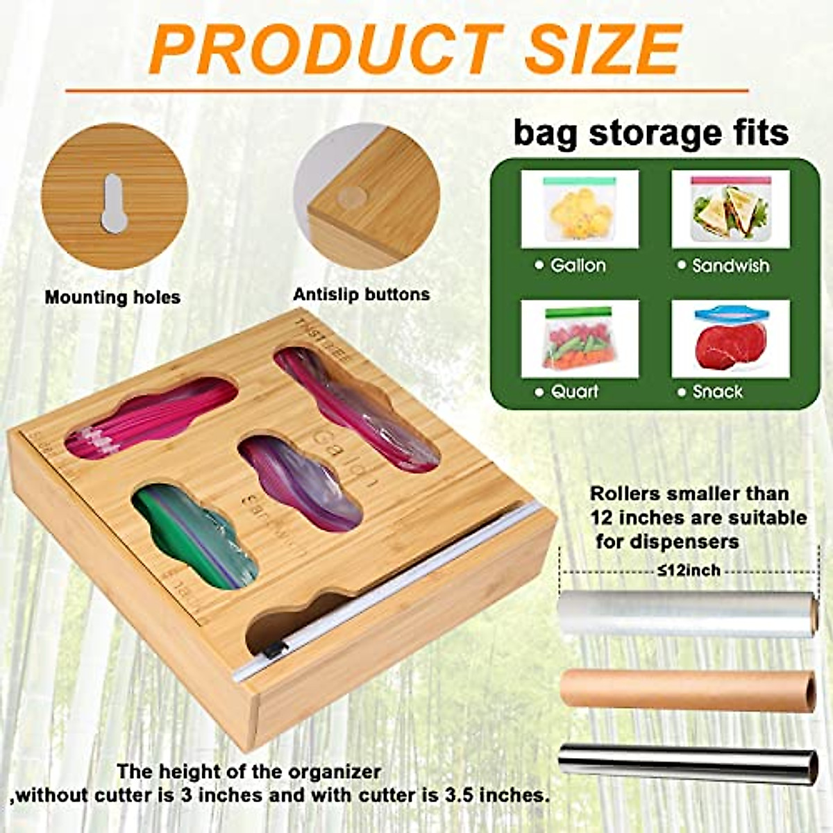 【2022-NEW】TBSTBIEE Ziplock Bag Organizer with Foil and Plastic Wrap Organizer, 5 in 1 Bamboo Baggie Organizer Wrap Dispenser for Gallon, Quart, Sandwich, Snack, Plastic Wrap, and Aluminum Foil