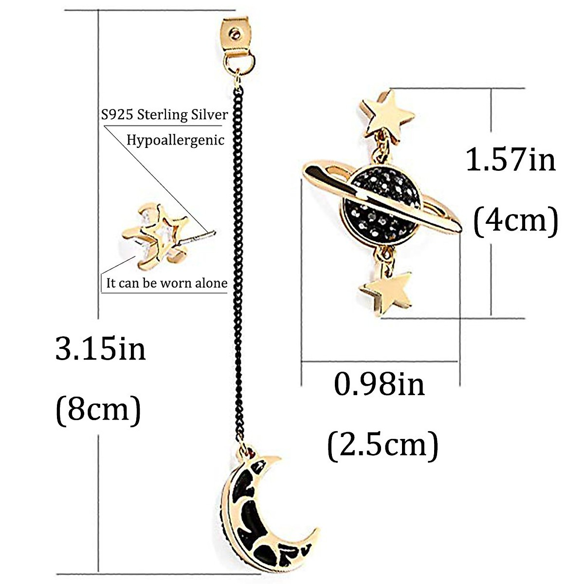 Moon And Star Dangle Earrings For Women Sterling Silver Hypoallergenic Sensitive Ears Unique Chic Kpop Asymmetry Design Boho Cubic Zirconia Planet Drop Earrings Jackets (Black)