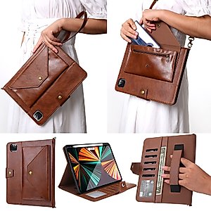 iPad Pro 12.9 inch 2022/2021/2020/2018 PU Leather Case with Apple Pencil Holder Auto Wake/Sleep Shoulder Strap for iPad Pro 12.9 6th/5th/4th/3rd Generation (Brown)
