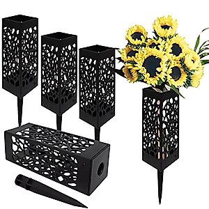 4 Pack Grave Decorations Memorial Cemetery Floral Holder Vases,Black Plastic Vase Cones with Long Spike Stake Drainage Holes for Gravestone Grave Garden Yard Ground Outdoor Flower Markern