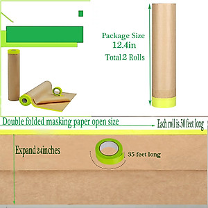 Pre-Taped Masking Paper-24 inch x 50 feet Tape and Drape Painters Paper,Automotive Paint Masking Paper,Masking Paper for Painting Cars and Auto Body,Floor Protection,Wall Covering (2, 24inchx50feet)