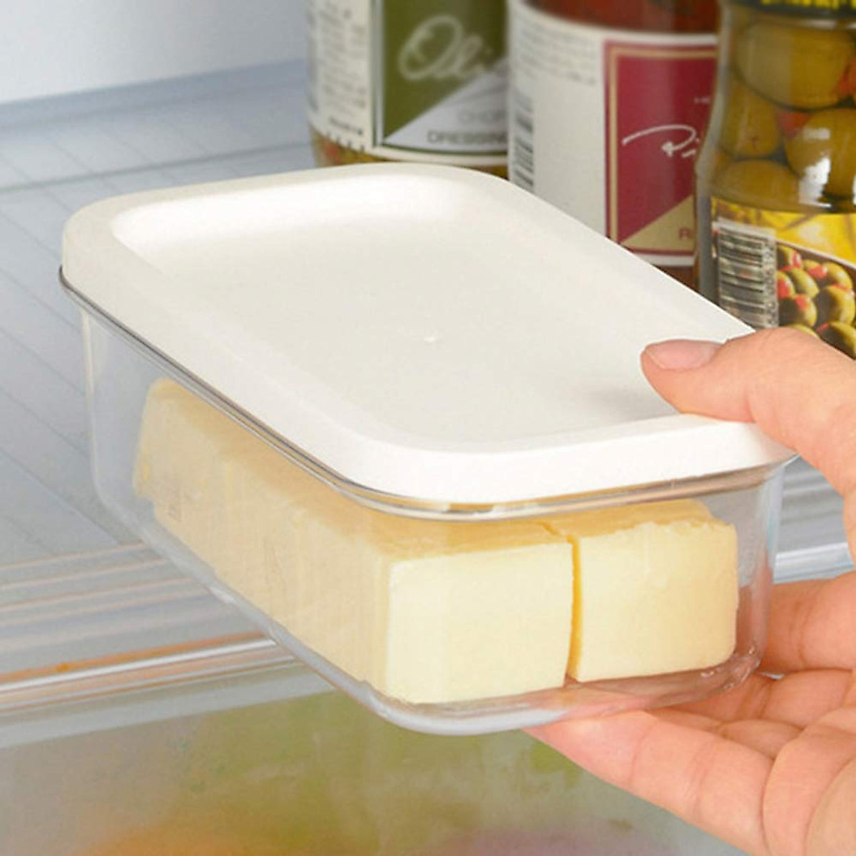 Butter Dish with Lid Rectangle Butter Keeper with Cutter Slicer for Easy Cutting and Storage, Butter Box for Refrigerate Butter Container Butter Case(White + Yellow)