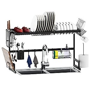 HEITICUP 2 Tier Dish Drying Rack, Adjustable & Space-Saving Over The Sink Dish Drying Rack(from 25.6" to 33.5") Multifunctional Black Stainless Steel Dish Drying Rack