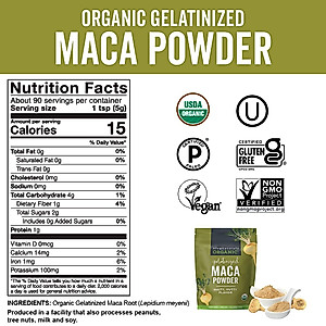 Viva Naturals Organic Maca Powder - Gelatinized Maca Powder Organic, Pervuian Superfood Traditionally Used for Energy, Certified Organic, Gluten-Free & Non-GMO, 16 Oz (1 lb) Bag