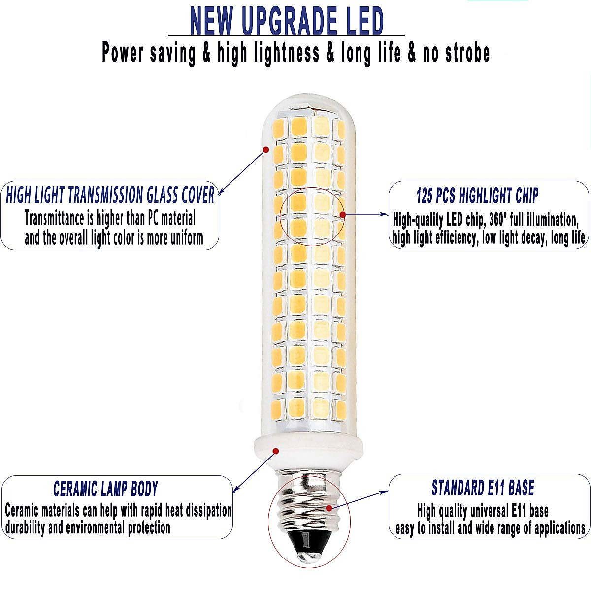 New Upgrade -E11 led Bulb,125 LEDs 100W 120W Halogen Bulbs Equivalent, 10w 1100lm, E11 Mini Candelabra Base Warm White 3000k,AC 110V/130V,JD T3 T4 Bulb (2 Packs)