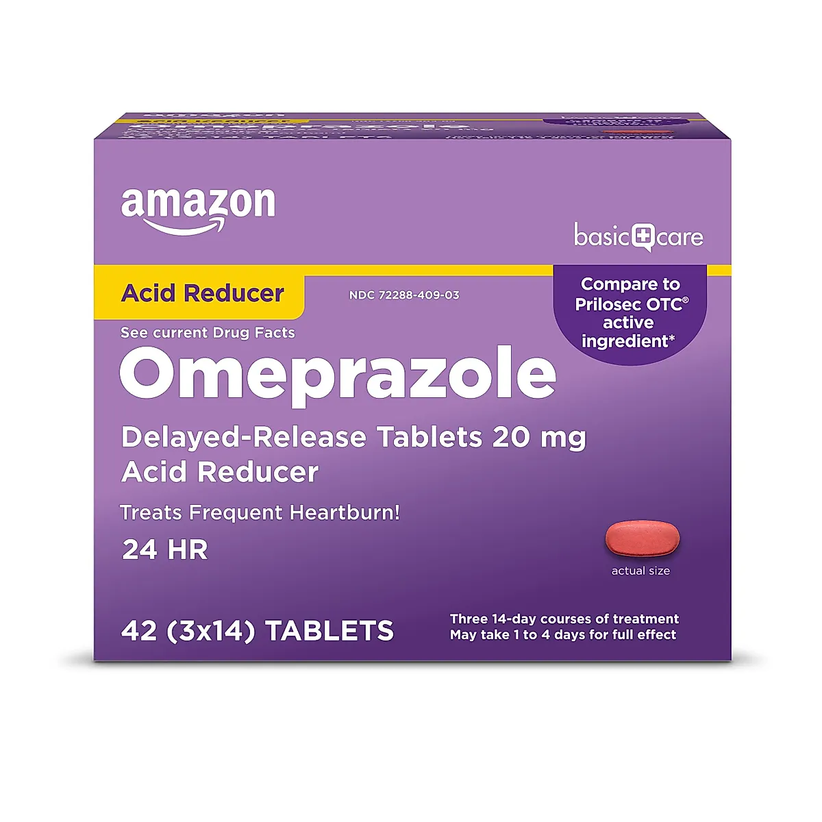 Amazon Basic Care Omeprazole Delayed Release Tablets 20 mg, Treats Frequent Heartburn, Acid Reducer, Heartburn Medicine, 42 Count (Pack of 1) (Packaging may vary)