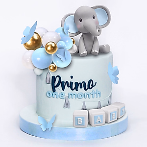 Elephant Cake Decoration Mini Elephant Cake Topper Blue BABY Letter Cake Toppers Gold Blue White Pearl Ball for Baby Shower Boy Elephant Theme Birthday Party Supplies (BLUE)