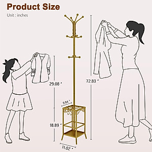 Hoctieon Coat Rack Freestanding, Coat Hanger Stand,Umbrella Holder, Hall Tree With 12 Hooks, Standing Coat Rack,Floor Standing Metal Umbrella Tree Stand, Gold