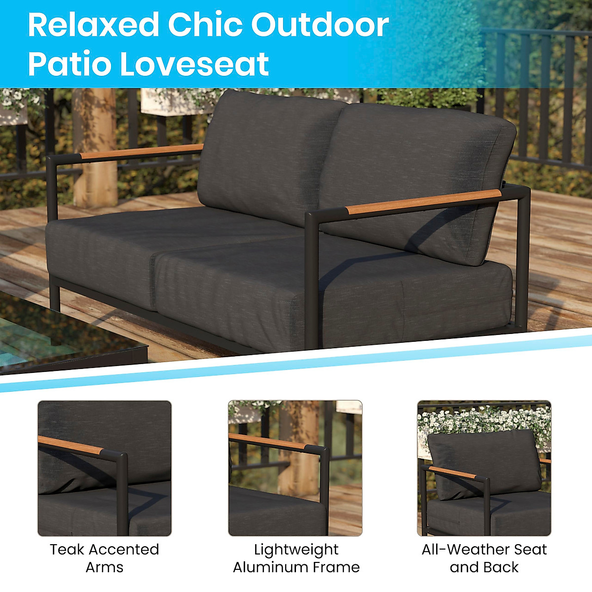 EMMA + OLIVER Black Aluminum Frame Loveseat with Teak Arm Accents and Charcoal Cushions