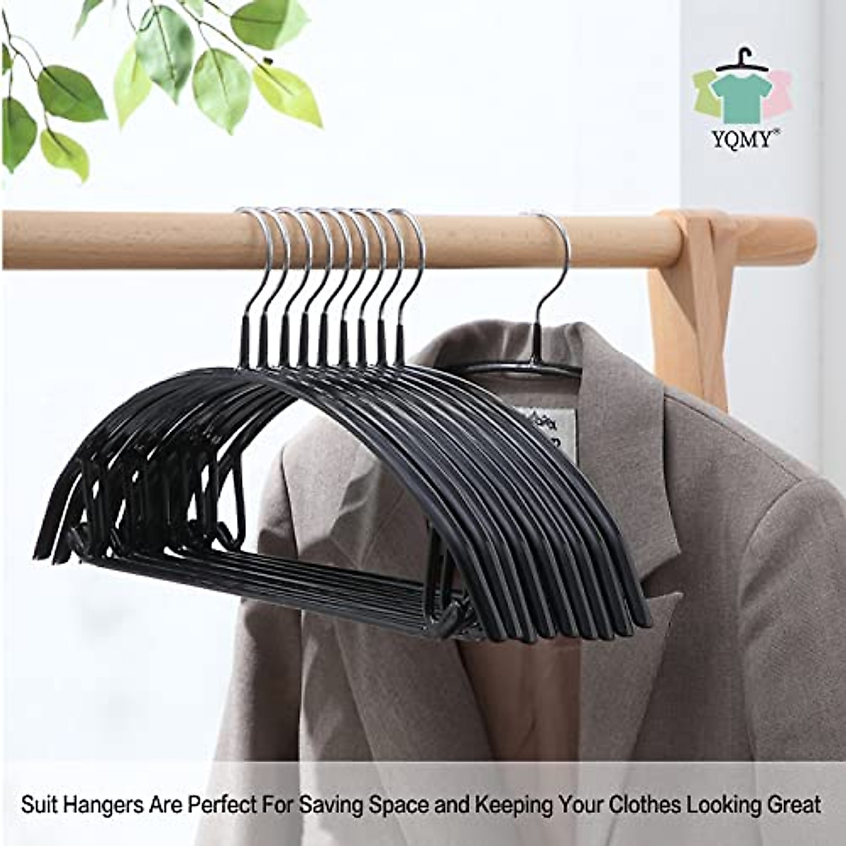 YQMY Standard Hangers Clothes Hanger,No Bump Hangers Rubber Coated Contour Metal Hanger, Sweater Hanger,Coat Jacket Hangers,Suit Hanger,Ultra Thin Space Saving T-Shirt Hanger (Black,Heavy Duty 10)