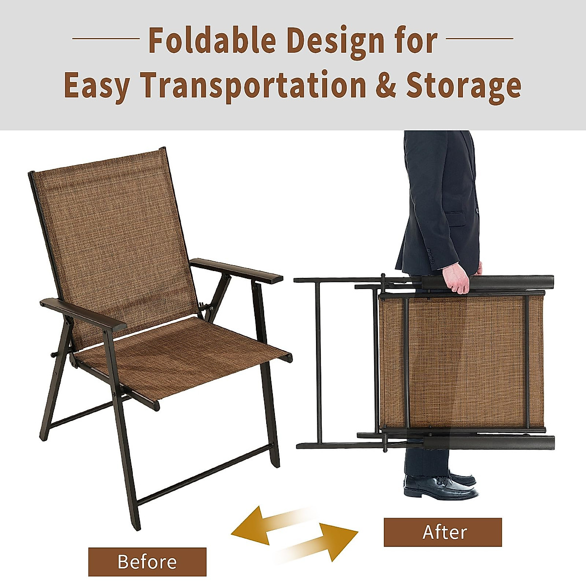 SJGUOJI Patio Folding Chairs Set of 4, Outdoor Lawn Chairs with Rustproof Metal Frame, Portable Dining Chairs for Porch, Deck, Garden, Backyard, Camping（Brown）