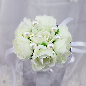 FAYBOX Girl Bridesmaid Wedding Wrist Corsage Party Prom Hand Flower Decor Pack of 2 Ivory