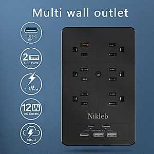 Multi Plug Outlet Extender Nikleb, Surge Protector 12 Outlets, Wall Plug with 2 USB+ USB C Ports Total 3.1A, Charger Blocks Wall Mount, Outlet Splitter Heavy Duty for Home, Office, Garage Improvement