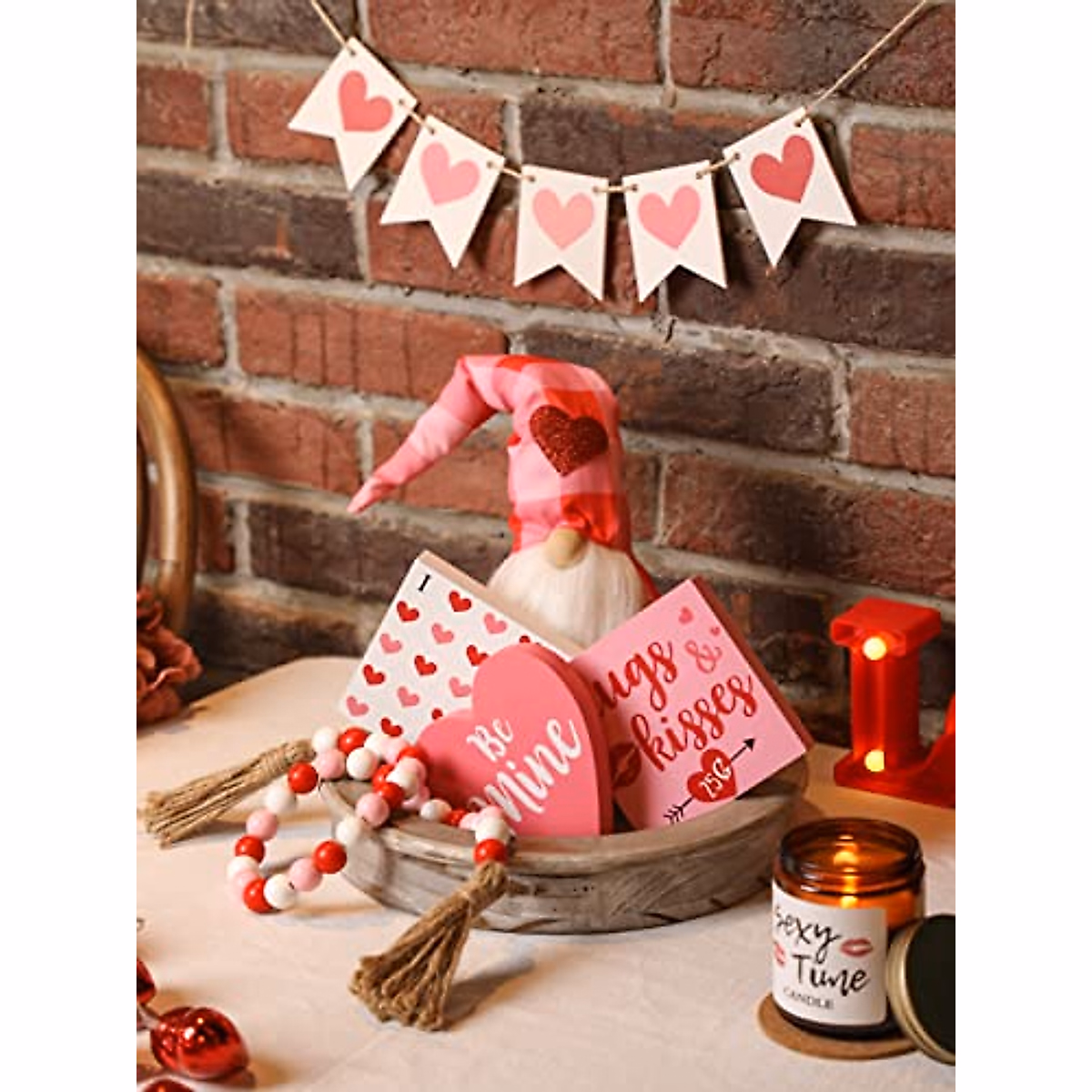 Valentine's Day Tiered Tray Décor Set of 6, Gnome Plush, Wooden Heart Wood Sign Heart Ornament, Valentine's Day Table Decoration Sign Décor