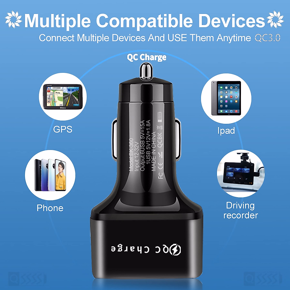 Amiss Car Charger Adapter, 6 USB Multi Port, Fast Charger, Include QC 3.0 and 5 Other Ports, Car Interior Accessories, Fit for iPhone 13/12/11/pro，Samsung Galaxy/Note S10/S9/S8 - Bright Black