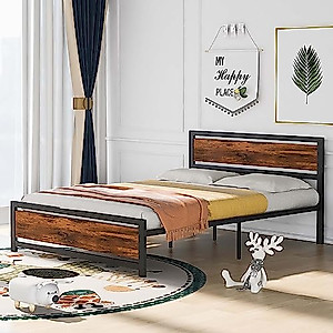 GERDIOEB Twin Size Wood Platform Bed Frame with Headboard, Classic Platform Bed with Footboard/Strong Wood Slat/Under Storage Space for Bedroom Girls, No Box Spring Needed (Black, Queen)