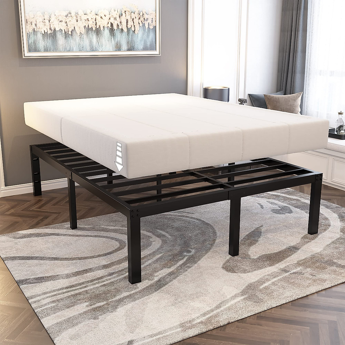 yookare 18 Inch Tall and Strong Platform Metal Bed Frame/Easy Assembly Mattress Foundation/ 4000lbs Heavy Duty Frame with Steel Slat Support/No Noise/No Box Spring Needed, Queen