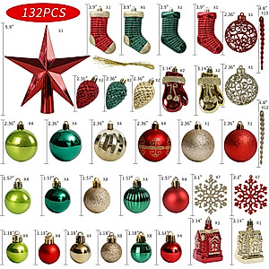 Christmas Tree Ornament, 132pcs Christmas Tree Decoration Set Red Green Gold Christmas Ball Shatterproof Hanging Tree Ornament Assortment Set