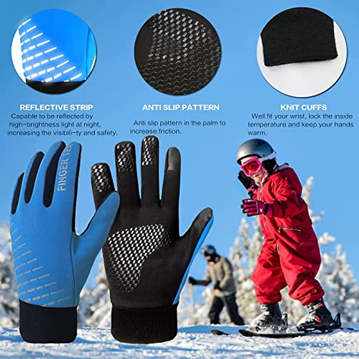FINGER TEN Kids Winter Gloves Waterproof with Free Neck Warmer Boys Girls Touchscreen for Cold Weather Outdoor Sports (Blue, Large)