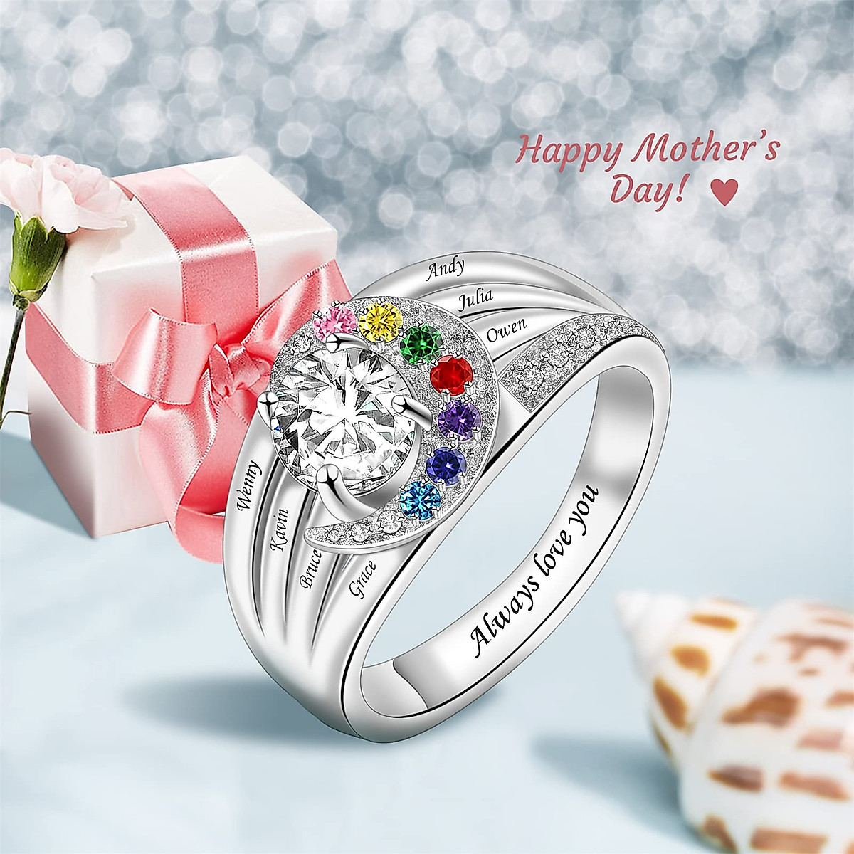 BAUMA AUTO Sterling Silver Personalized Mothers Ring with 1-8 Simulated Birthstones Engraving Family Name Ring for Mother Grandma