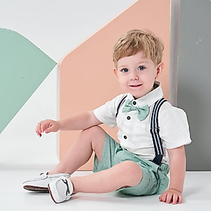Volunboy Baby Boy Formal Short Set Toddler Summer Gentleman Outfit Kid Short Sleeve Bowtie Shirt Suspender Shorts Suit (White+Green, 2-3T)